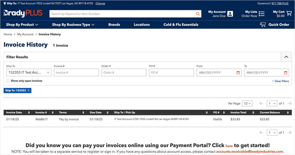 View Invoice History by Ship-To Locations - BradyPLUS